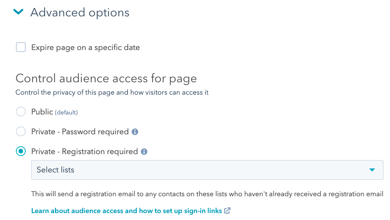 How do I control audience access for website and landing pages?
